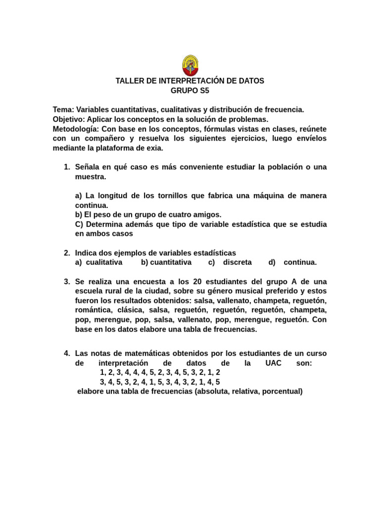 Taller 2 de Interpretacion de Datos | PDF | Estadísticas ...