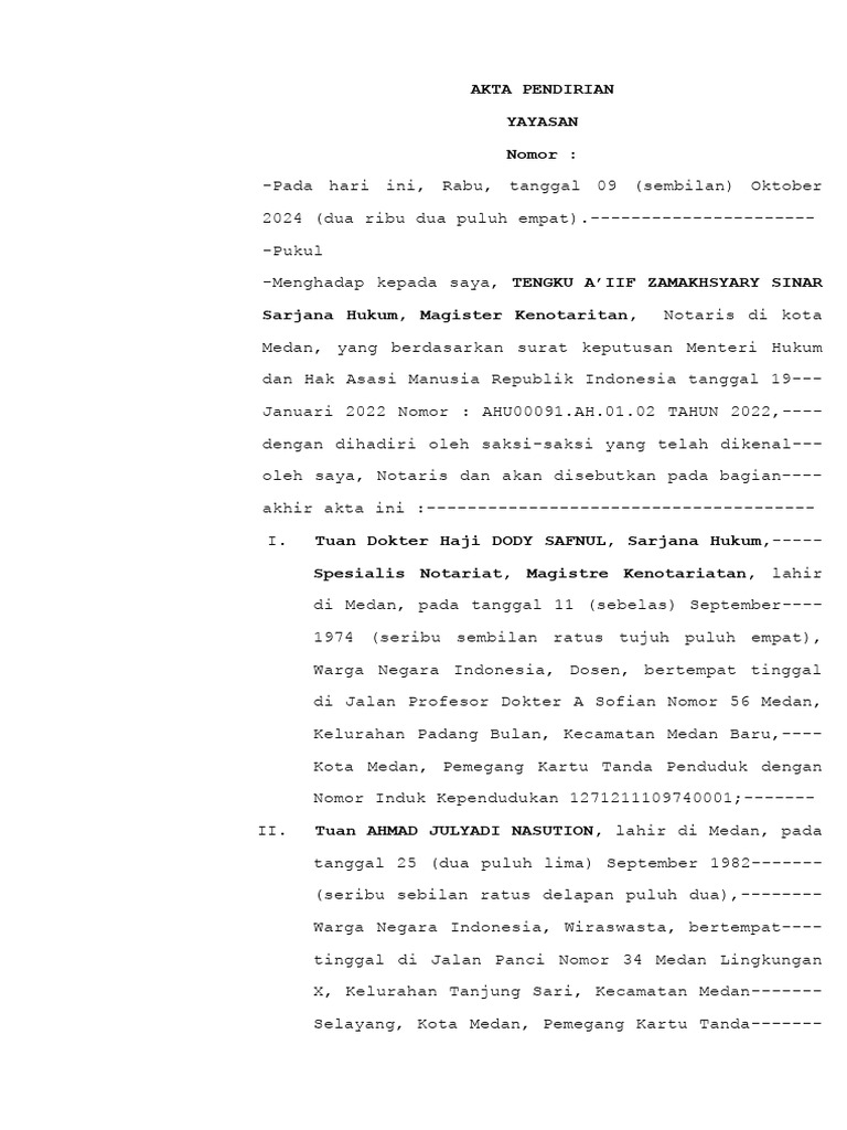 Minuta Akta Pendirian Yayasan Aiif | PDF