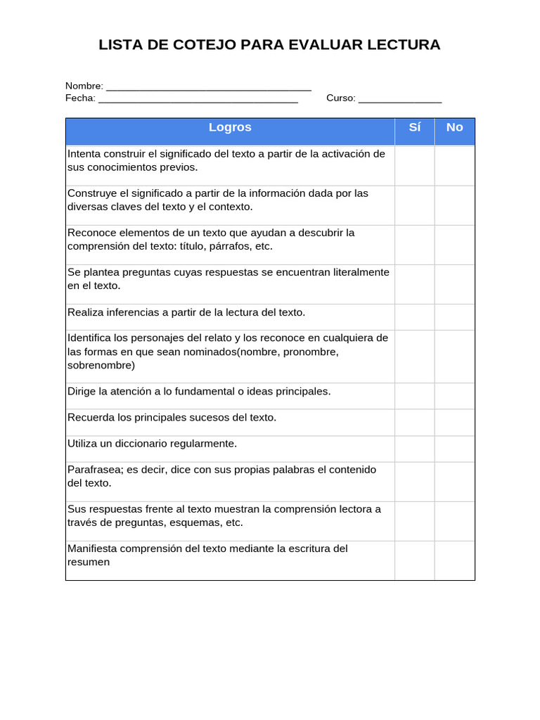 Lista de Cotejo para Evaluar Lectura | PDF