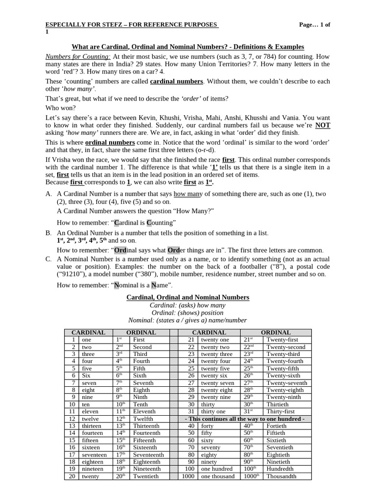 Cardinal, Ordinal, Nominal Numbers | PDF