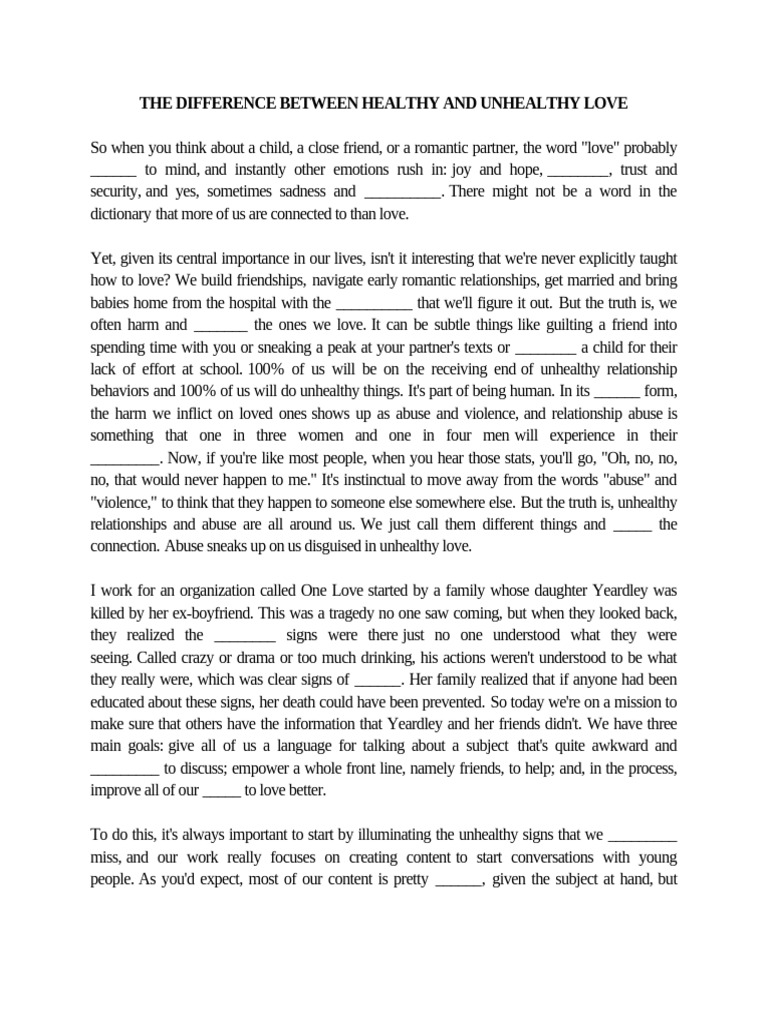 THE DIFFERENCE BETWEEN HEALTHY AND UNHEALTHY LOVE Exercise | PDF ...