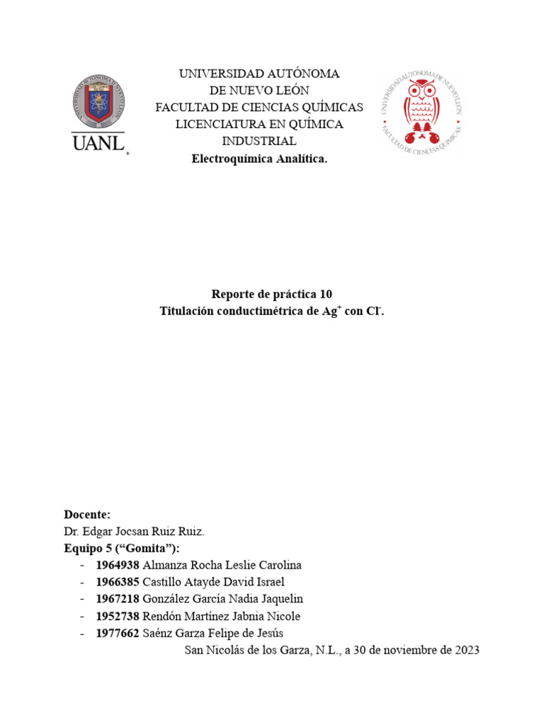 Equipo 5_Reporte 10 Electroquímica analítica | PDF | Electricidad | Física Aplicada e ...