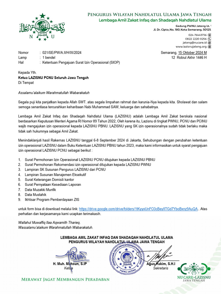 Surat Edaran Ketentuan Izin Operasional (SIOP) LAZISNU | PDF