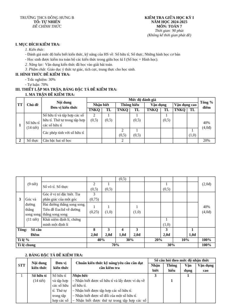 De Giua Hoc Ky 1 Toan 7 Nam 2024 2025 Truong Thcs Dong Hung B Kien Giang | PDF
