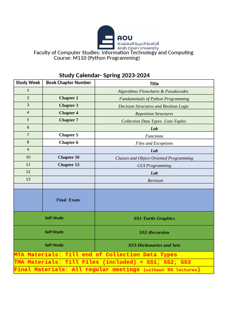 M110 Study Calendar SP23 24 | PDF | Computers