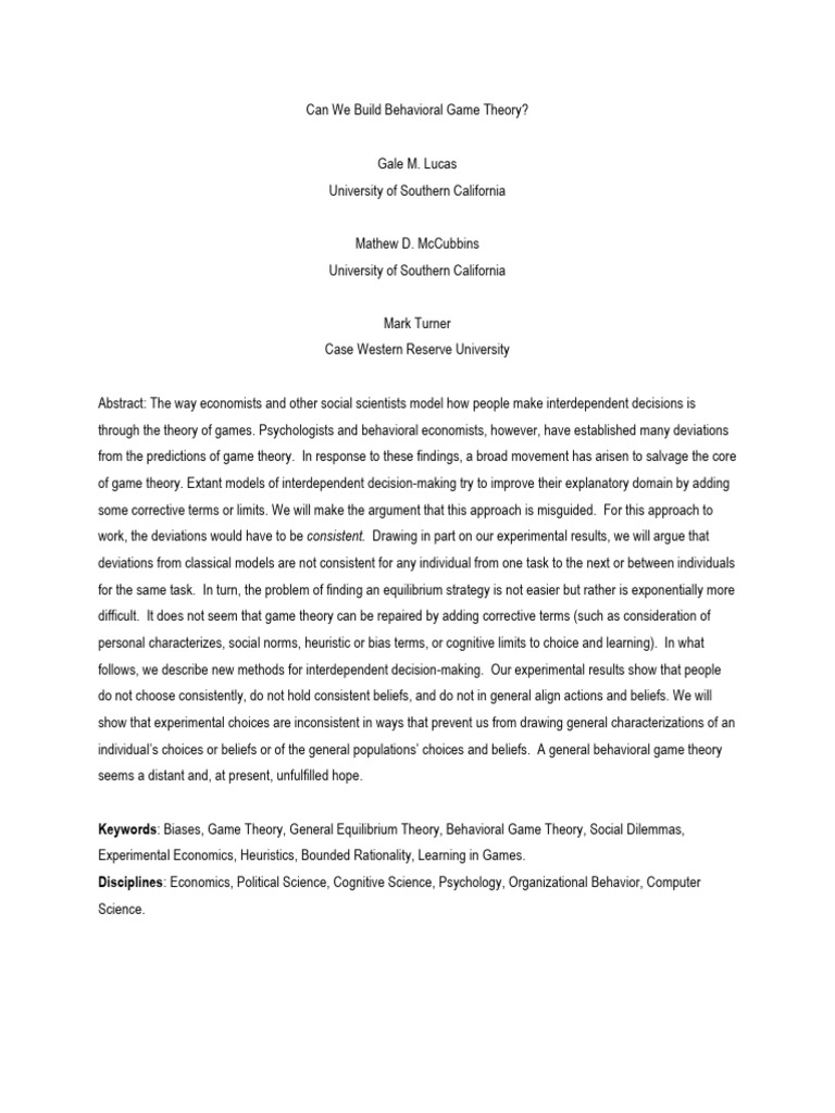 Can We Build Behavioral Game Theory? | PDF | Game Theory | Gaming
