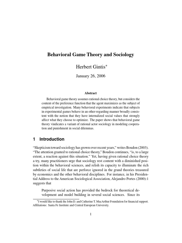 Behavioral Game Theory and Sociology Herbert Gintis | PDF | Rationality ...