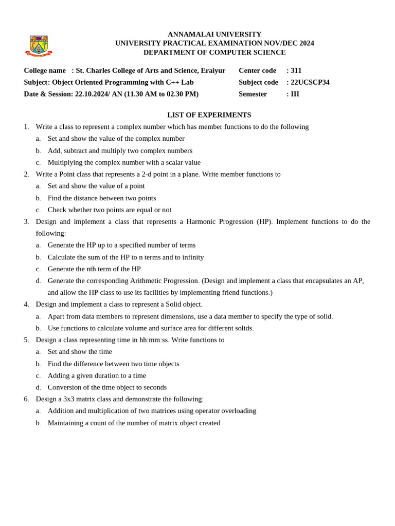 Oops C Lab List Of Experiments Pdf String Computer Science