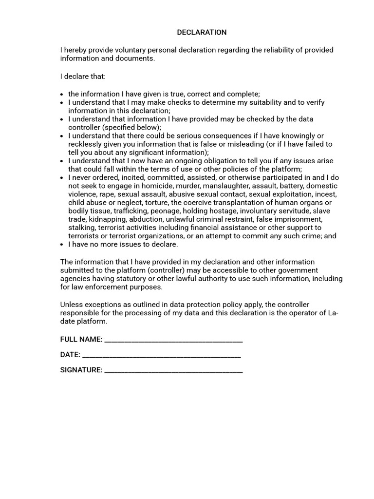 Personal Declaration of Information Accuracy | PDF | Politics | Social ...