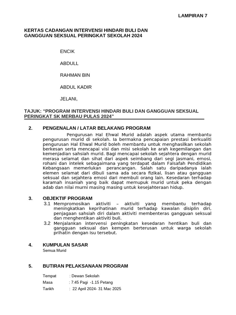 Contoh Kertas Kerja Program Buli Dan Gangguan Seksual | PDF