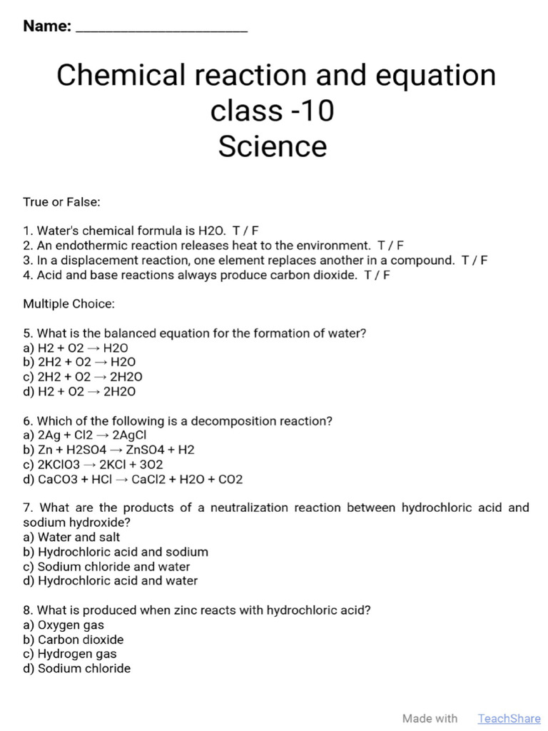 Worksheet Class 10 Chemical Reaction and Equation | PDF
