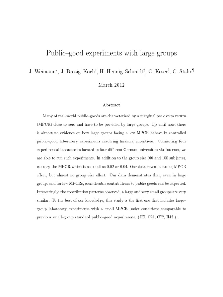 Public (Good Experiments With Large Groups | PDF | Experiment | Hypothesis