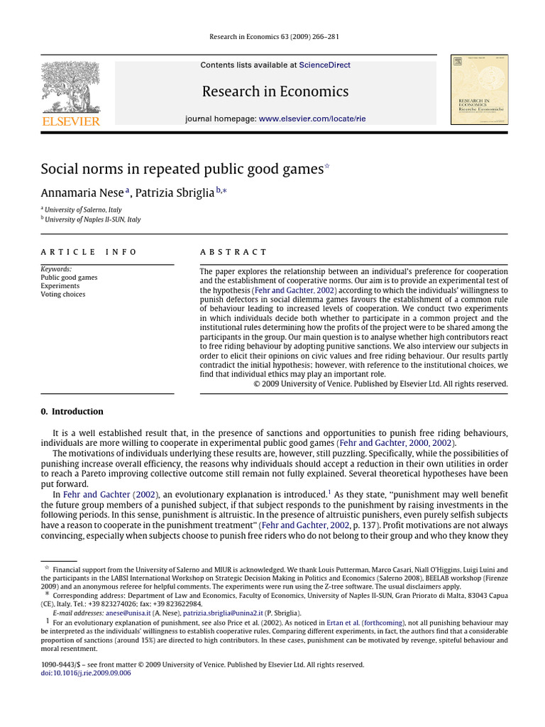 Social Norms in Repeated Public Good Games | PDF | Experiment | Cooperation