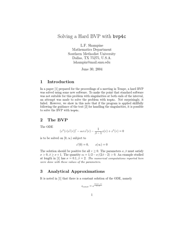 Solving Singular BVPs with bvp4c | PDF | Ordinary Differential Equation | Asymptotic Analysis
