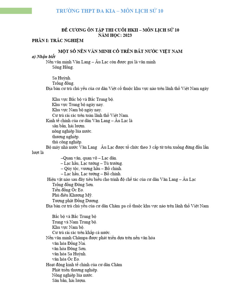 ĐỀ CƯƠNG ÔN CUỐI HKII - SỬ 10 | PDF