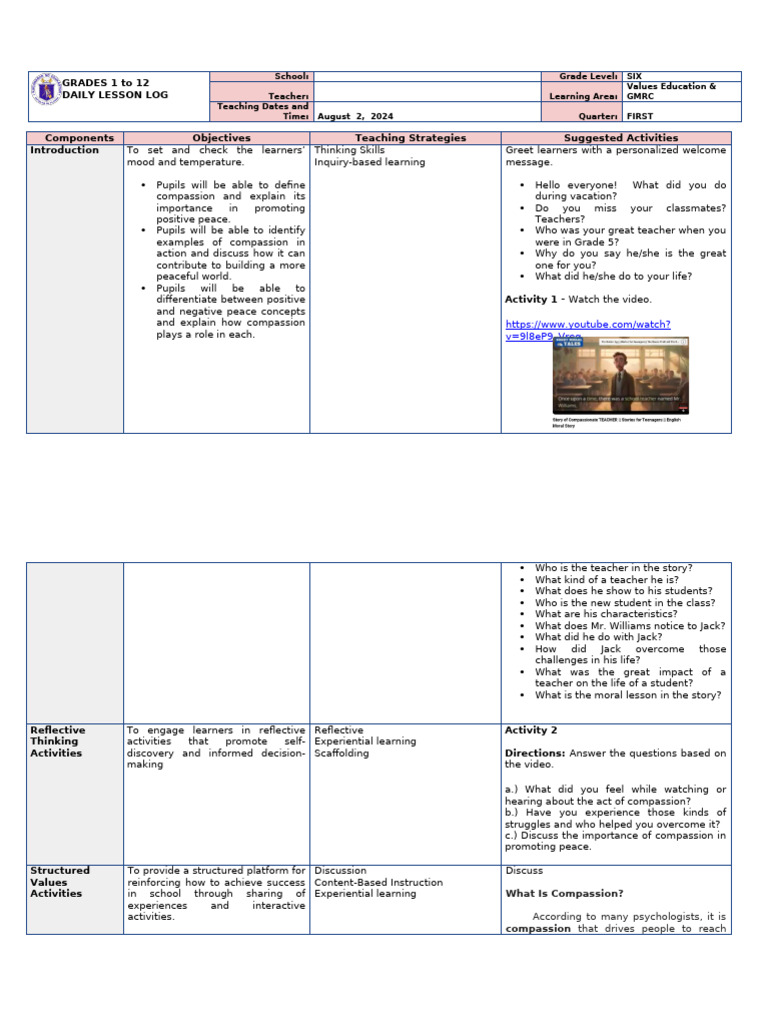 Grade 6 Values Education Lesson Plan | PDF | Compassion | Learning