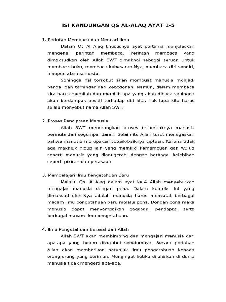 ISI KANDUNGAN QS AL Alaq Ayat 1 Sampai 5 | PDF | Filsafat | Agama & Spiritualitas
