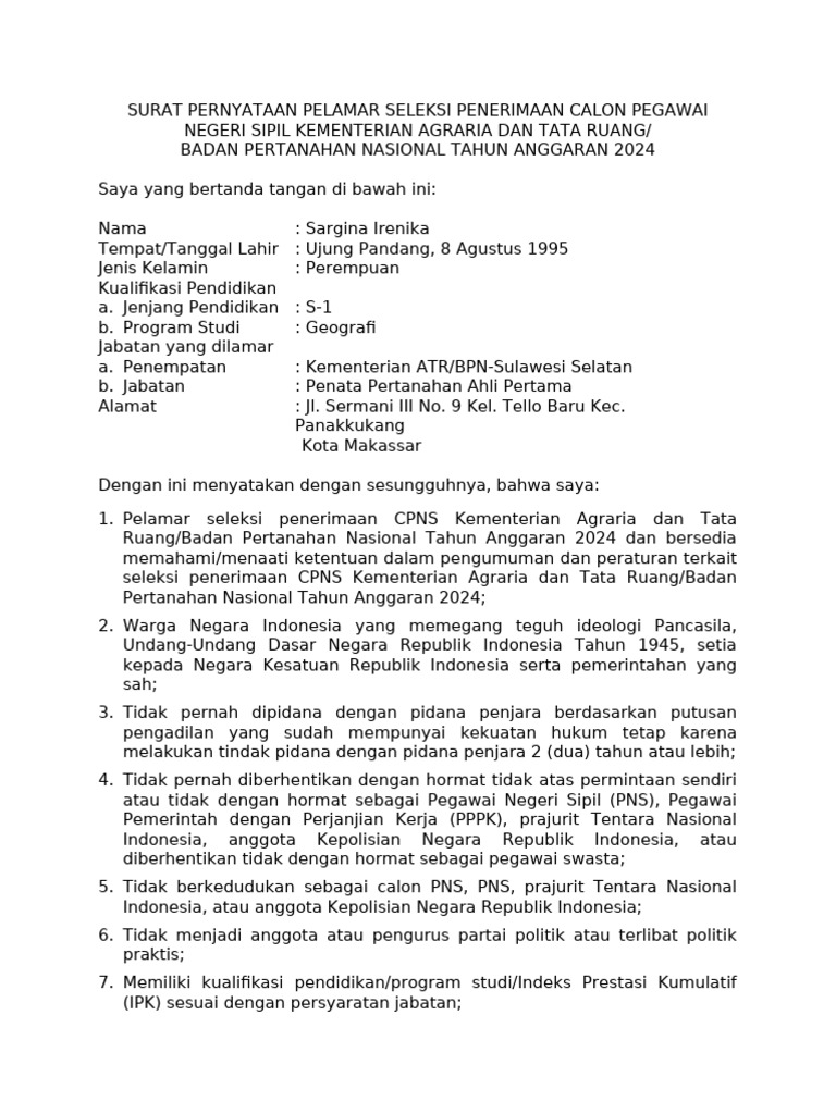 Surat Pernyataan Atr BPN - Sargina Irenika | PDF