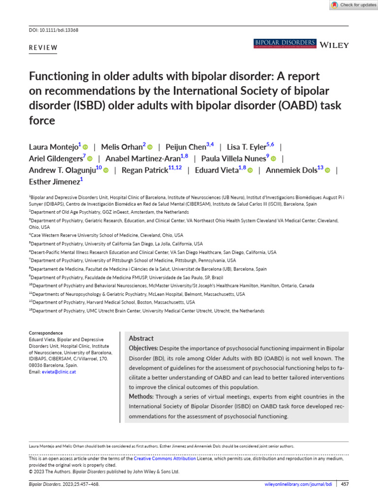 Bipolar Disorders - 2023 - Montejo - Functioning in Older Adults With ...