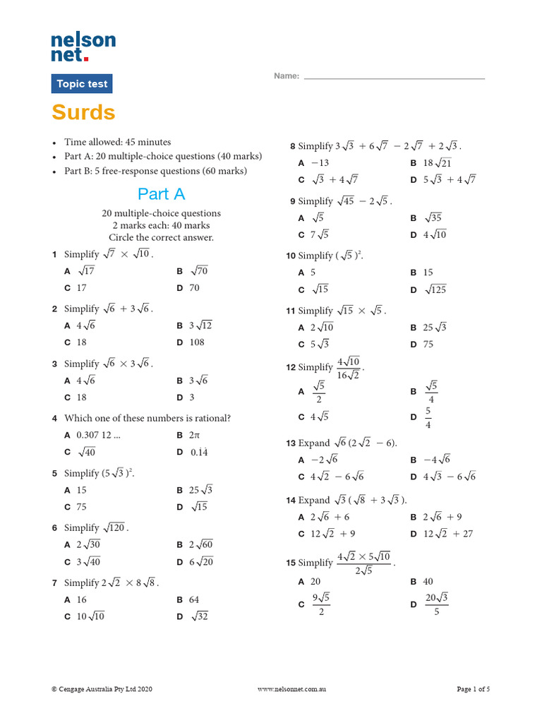 2024 - Y9 Surds Topic Test | PDF | Algebra | Elementary Mathematics