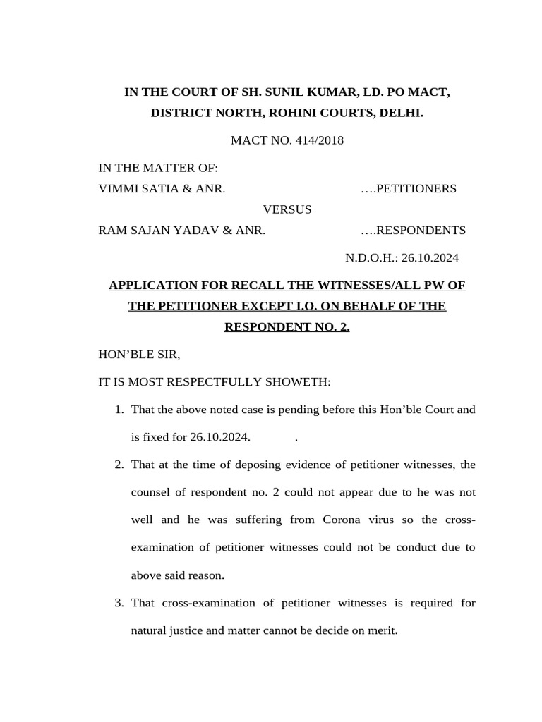 Application For Recall The Witness in MACT | PDF | Affidavit | Legal Procedure
