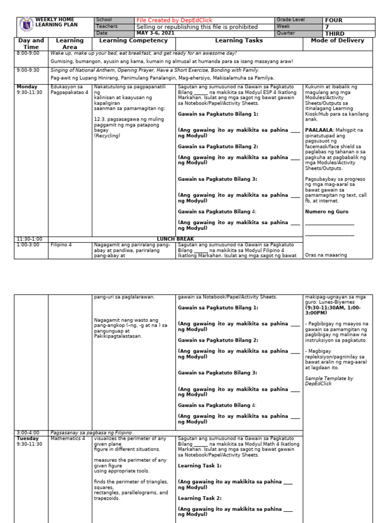 WHLP- Grade 4 (Q3 Week 7) | PDF