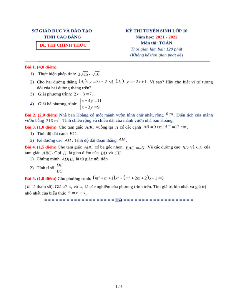 Onluyen - VN - Ä Á Thi Vã o Lá P 10 Mã N ToÃ¡n Nä M Há C 2021 2022 Tá NH Cao Báº NG Kã M Ä Ã¡p Ã ...