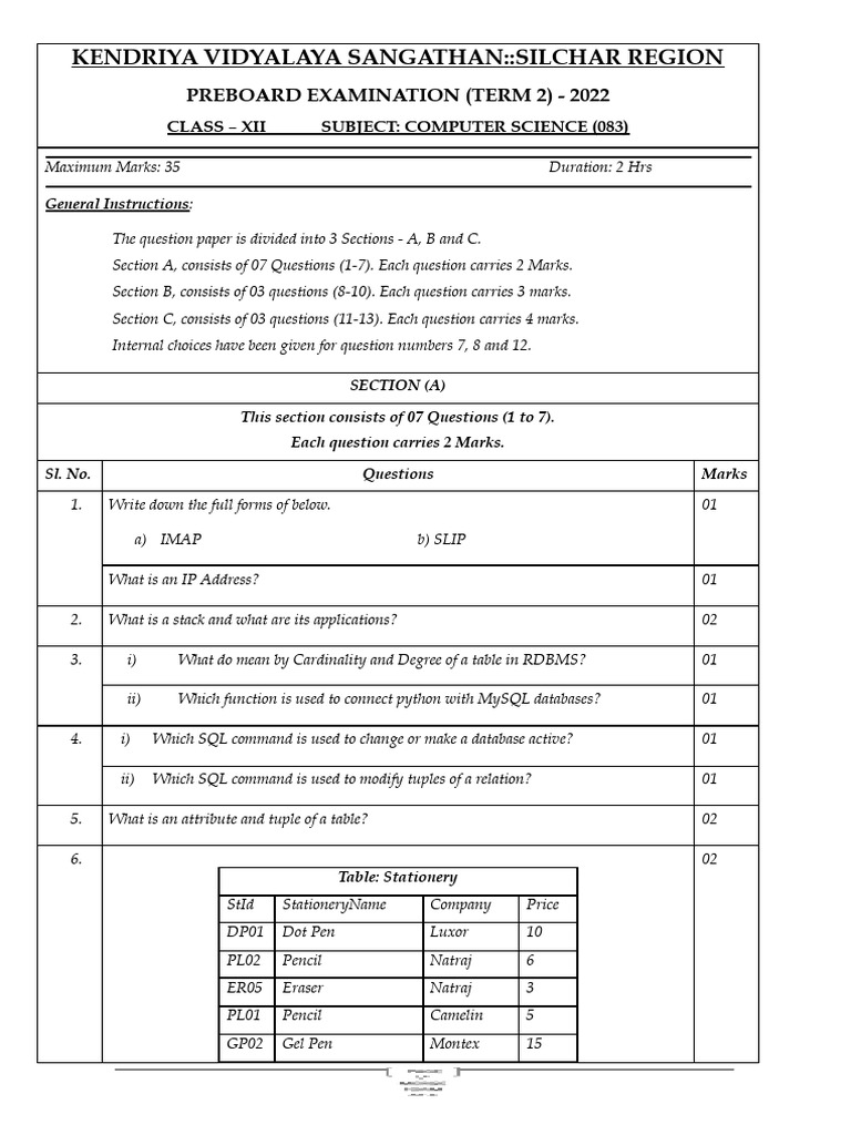 QP Silchar T2 CS - CLASS12 - PB1 | PDF | Databases | Computer Network