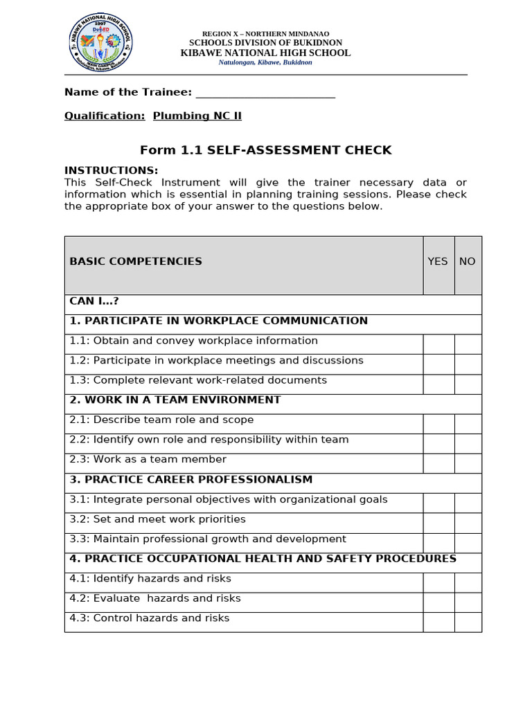 Self Assessment Check | PDF | Plumbing | Occupational Safety And Health