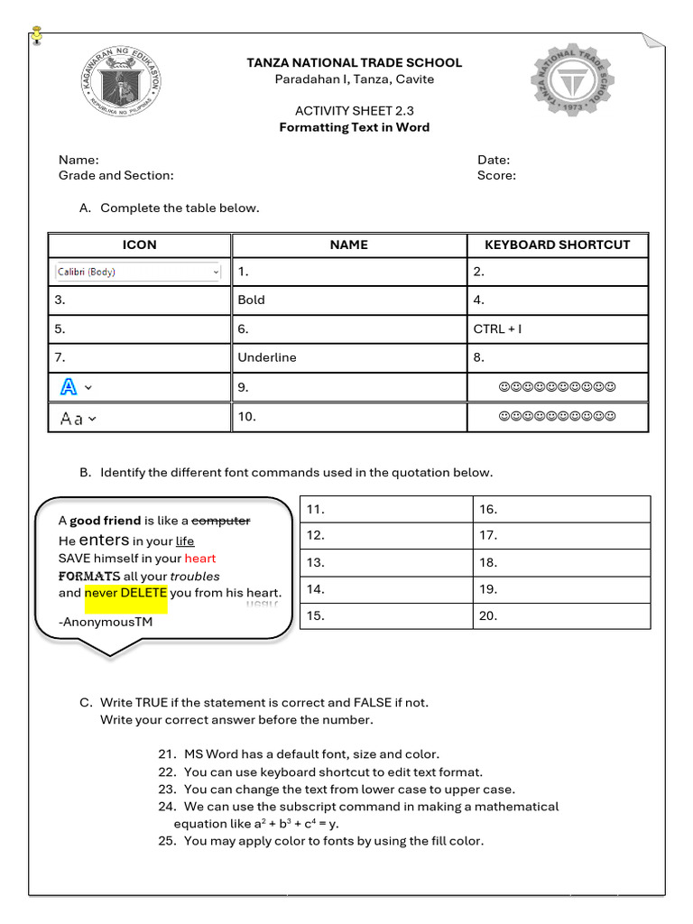 Formatting Text in MS Word Activity Sheet | PDF
