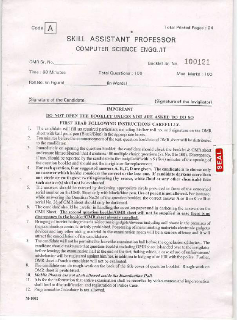 Skill Asst Prof CSE IT Ques Paper With Key | PDF