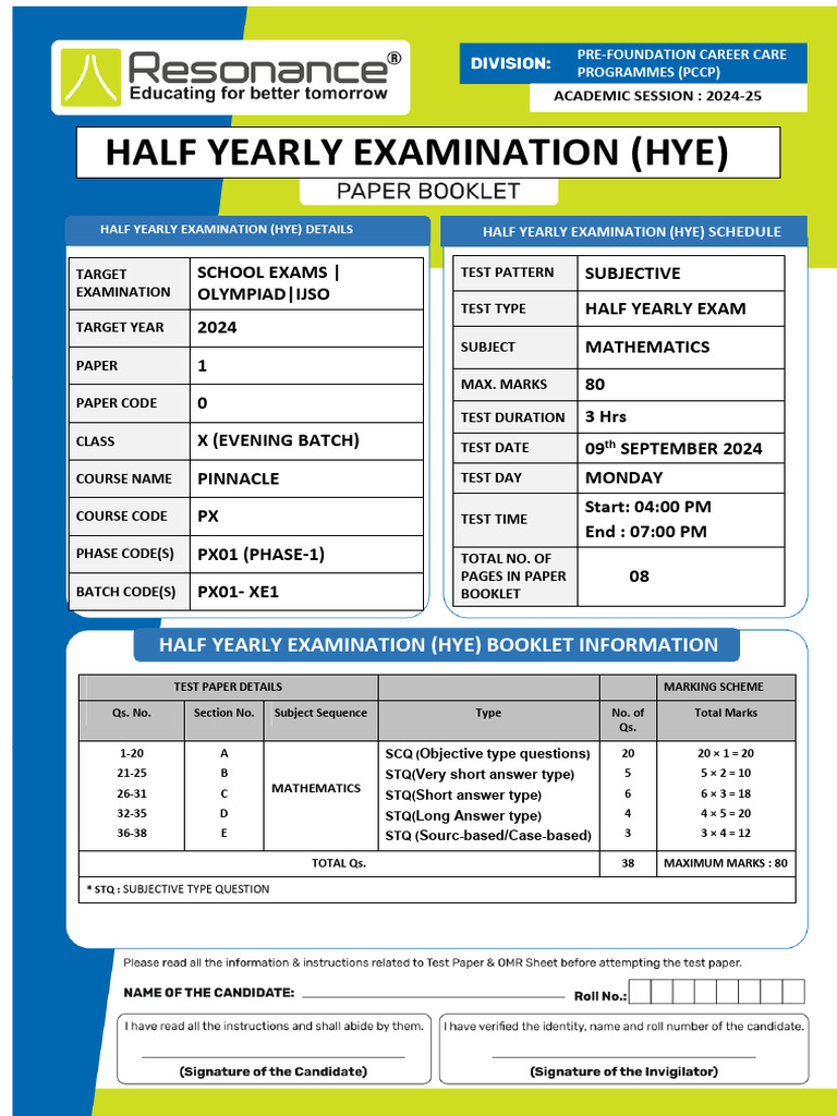 HY - Paper - X - Maths - P1 - Eve - PC | PDF | Circle | Quadratic Equation