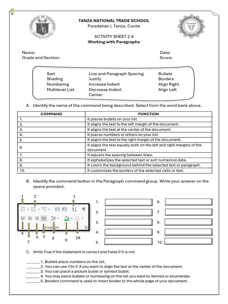 ACTIVITY SHEET 2.4 Working With Paragraphs | PDF | Paragraph | Text