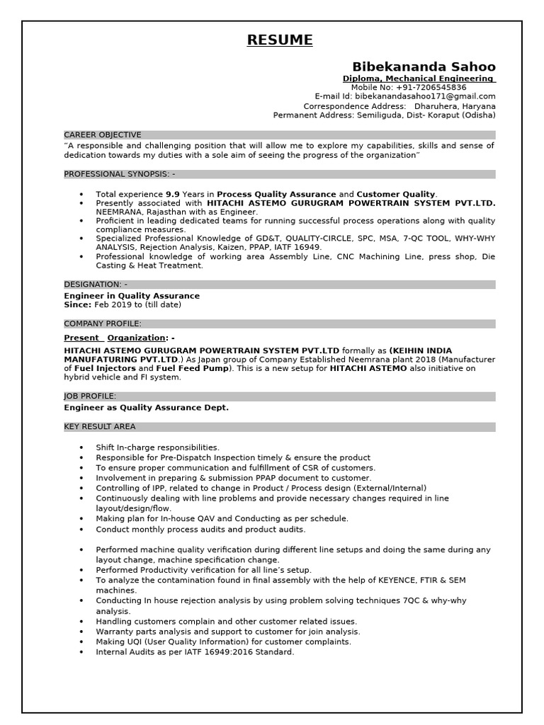 BIBEKANANDA SAHOO (QUALITY) Old | PDF | Quality Assurance
