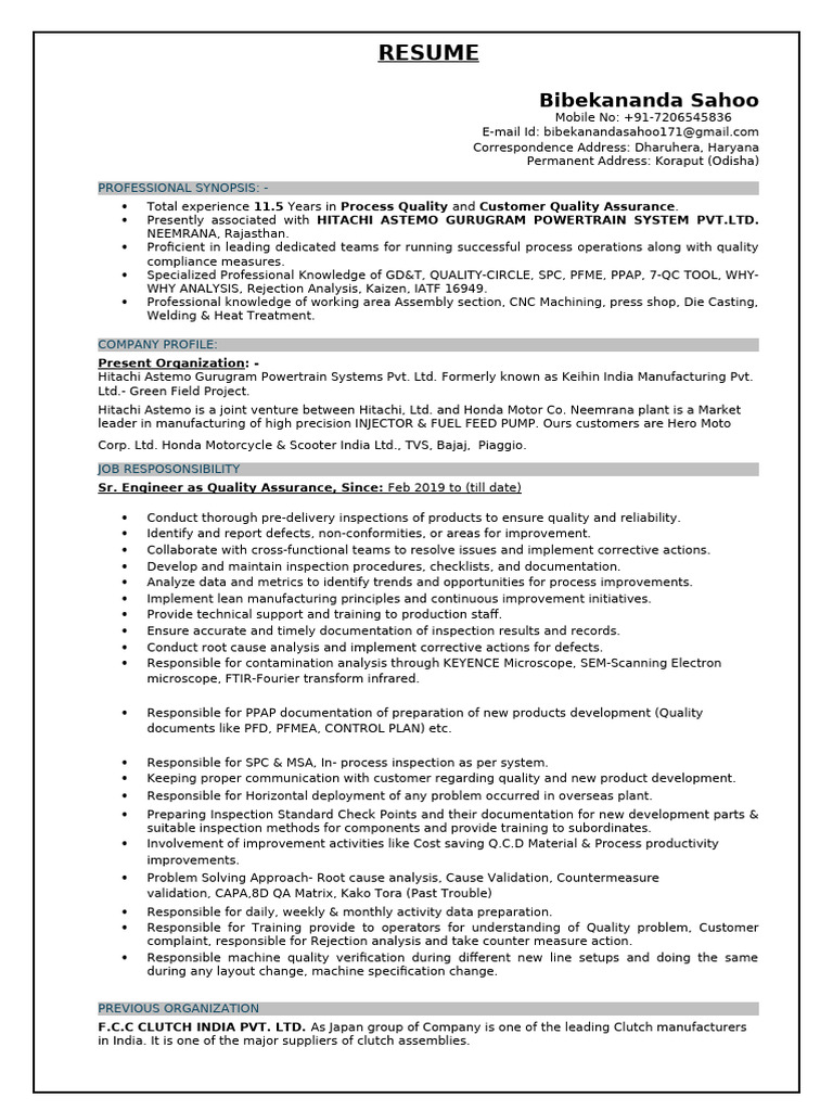 Bibekananda Sahoo Resume | PDF | Production And Manufacturing
