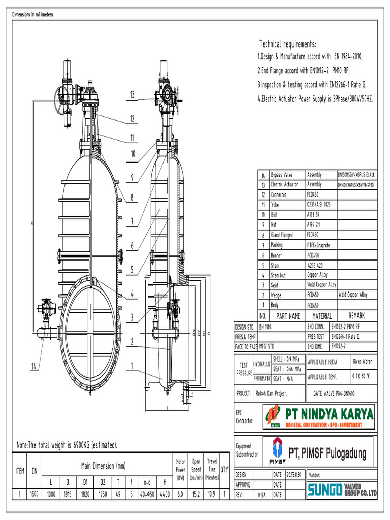 1 - GA Drawing For Gate Valve DN1600 PN6 Ruhoh 1 | PDF