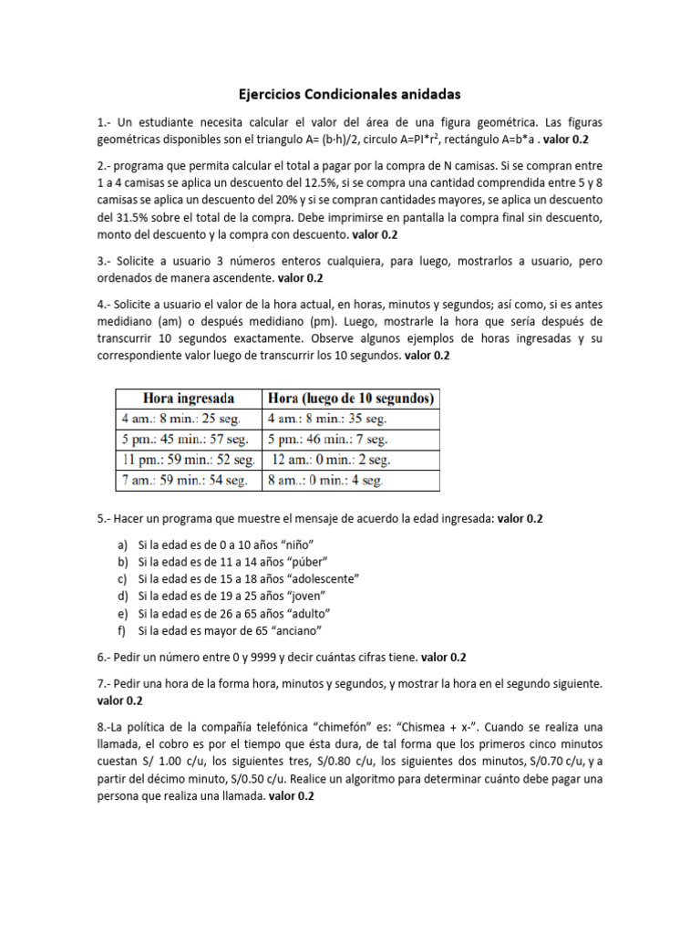 Ejercicios Condicionales Anidadas | PDF
