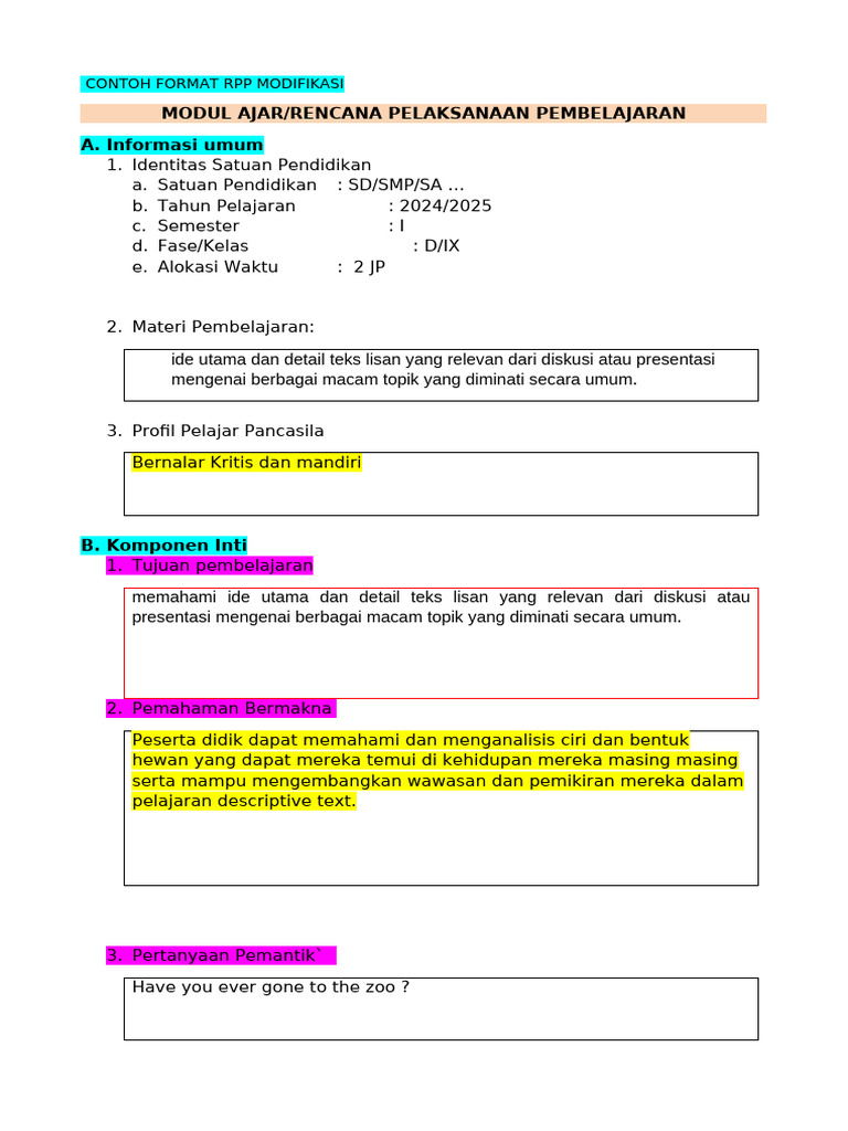 Contoh Format RPP Modifikasi | PDF