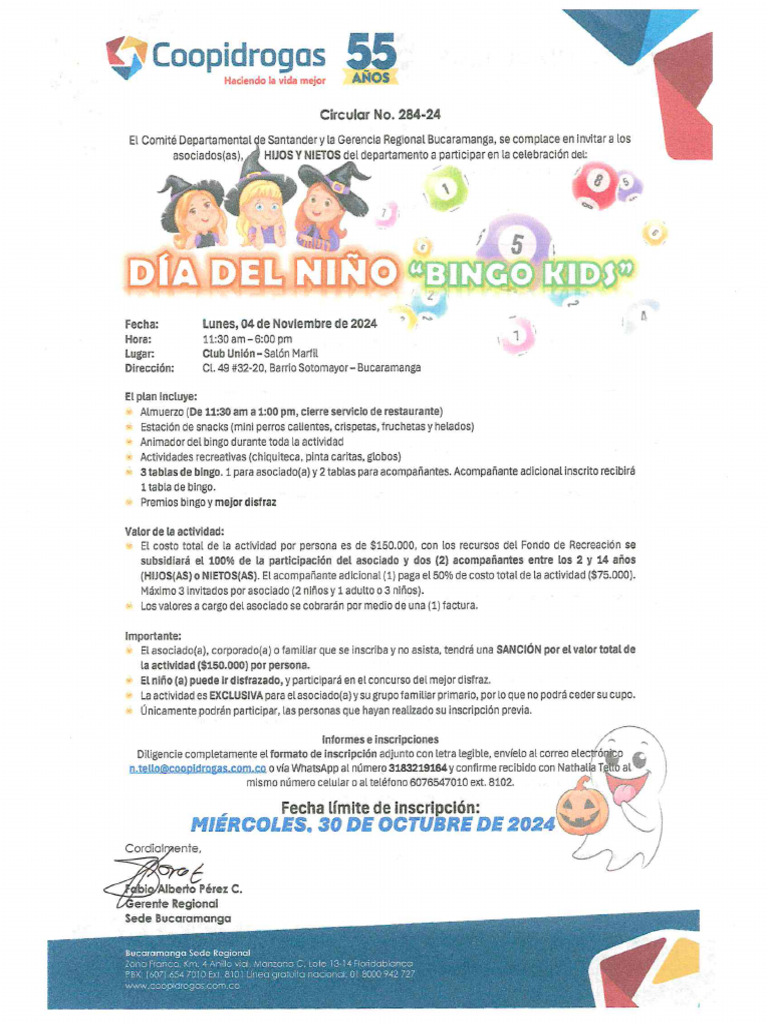 Circular 284-24 Día del niño Bingo Kids 04 nov 2024 | PDF