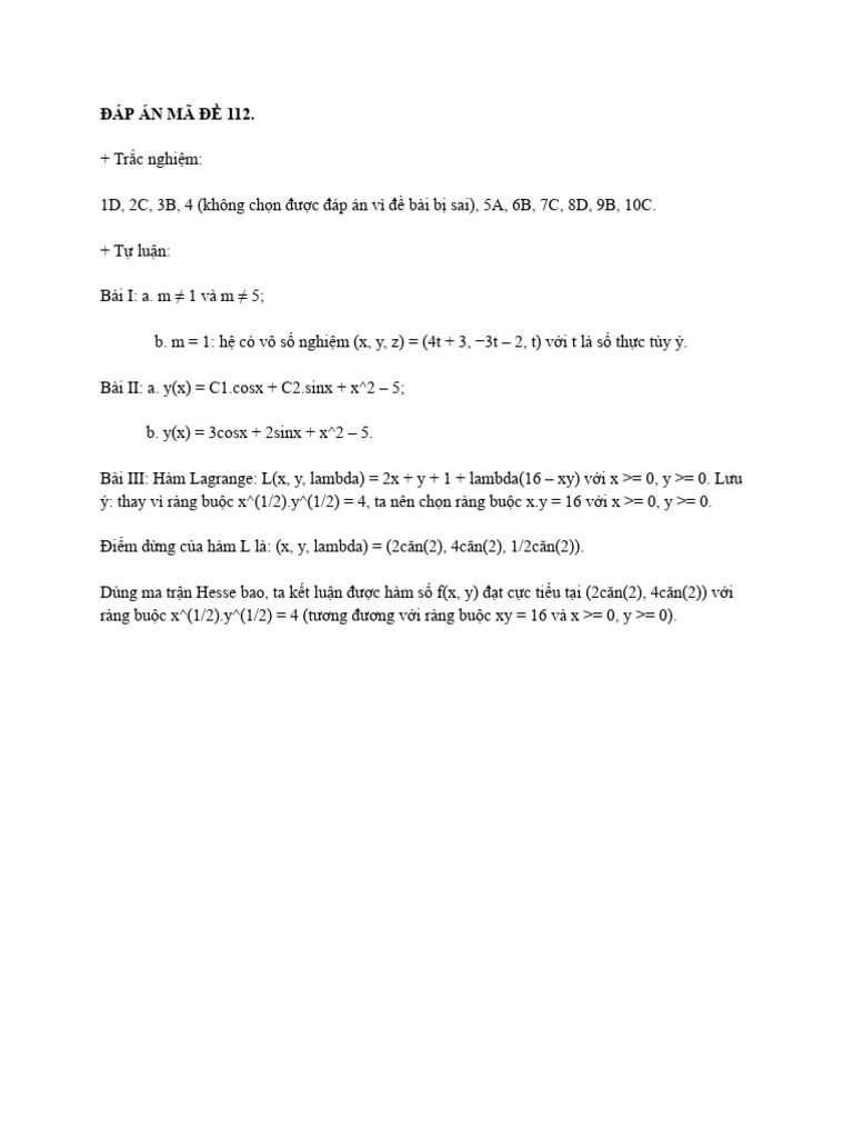 Đáp Án Mã Đề 112 - k49 | PDF