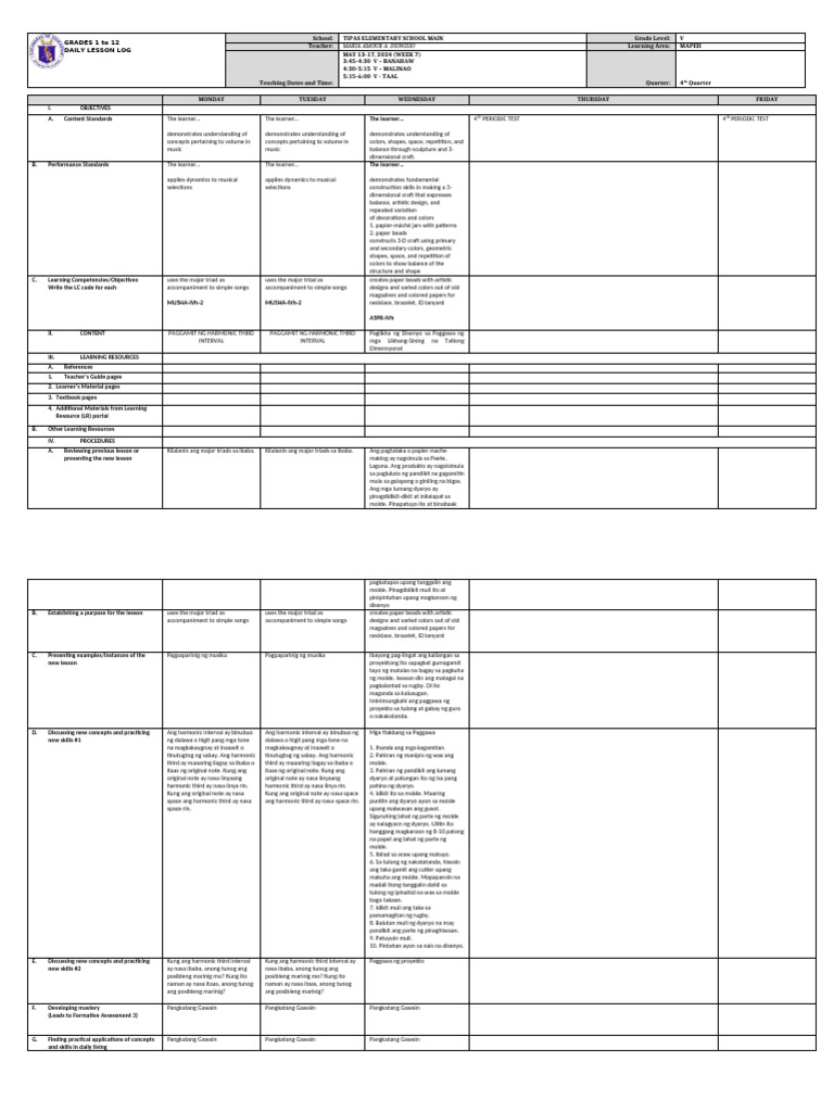 Grade 5 DLL MAPEH 5 Q4 Week 7 | PDF