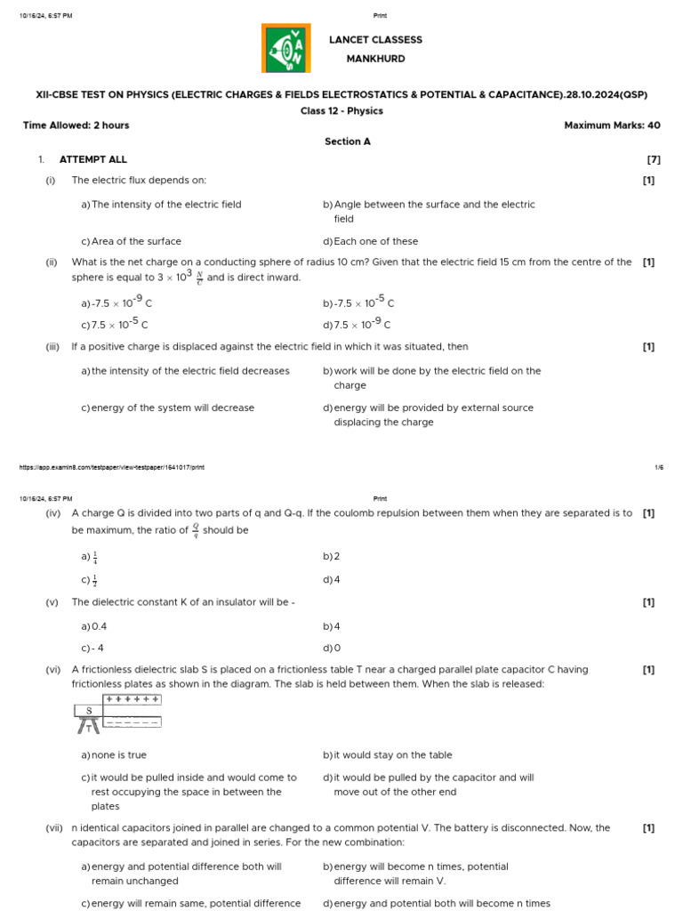 Xii-Cbse Test On Physics (Electric Charges & Fields Electrostatics ...