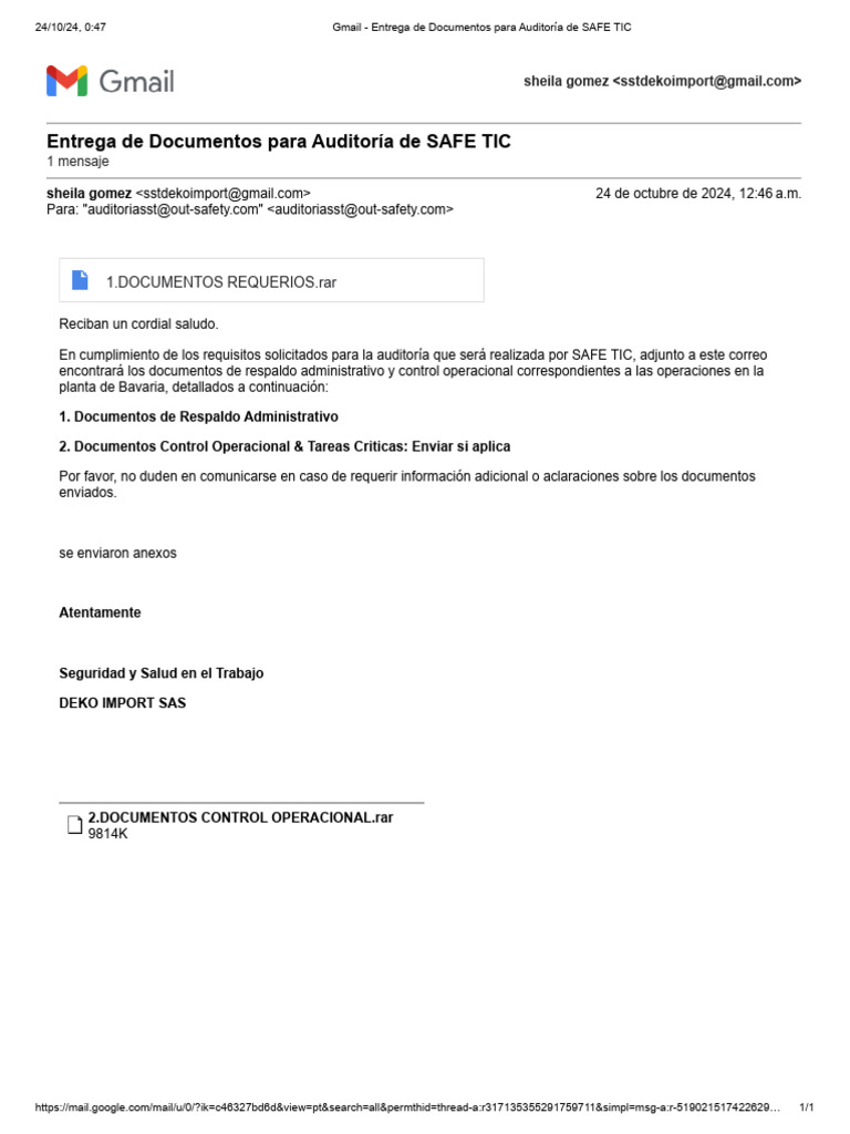 Gmail - Entrega de Documentos para Auditoría de SAFE TIC | PDF | Negocios