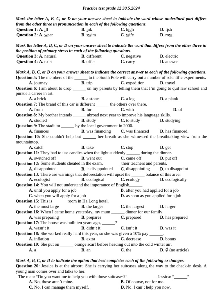 Practice Test Grade 12 30.5.2024 | PDF | Telephone | Fax