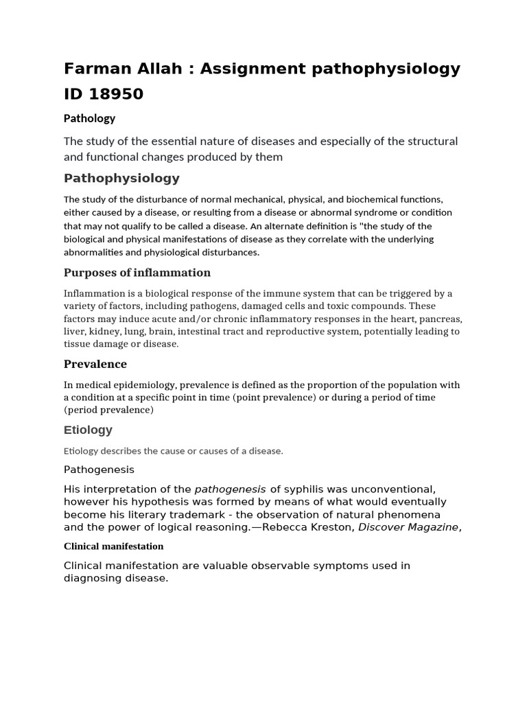 Pathophysiology and Disease Overview | PDF | Inflammation | Medical ...