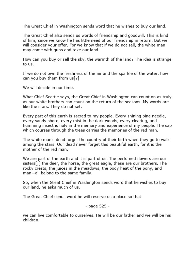 Chief Seattle's Sacred Land Speech | PDF | Poetry