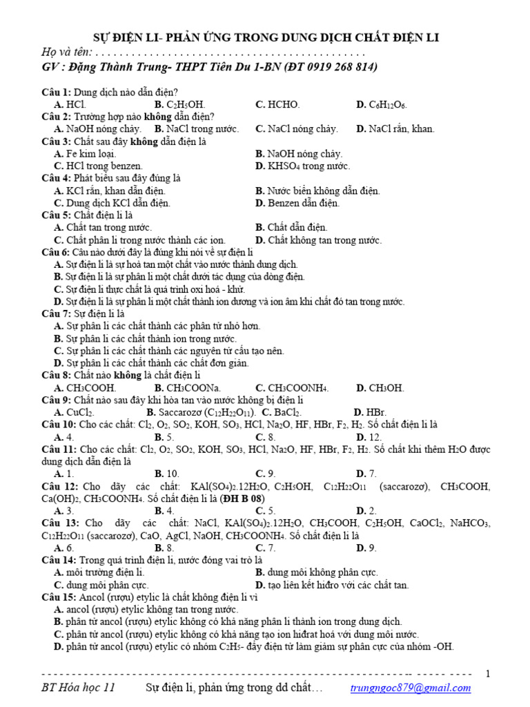 165 Bai Tap Su Dien Li Va Phan Ung Trong Dung Dich Chat Dien Li | PDF