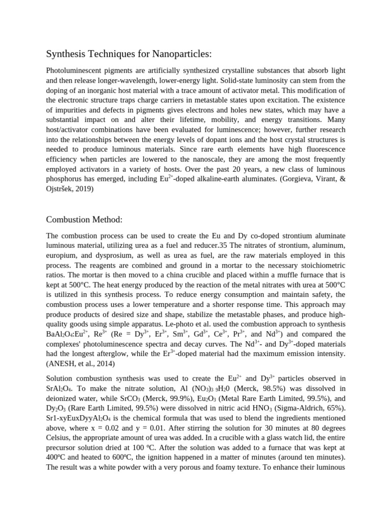 Synthesis Techniques For Nanoparticles | PDF | Combustion | Nanoparticle