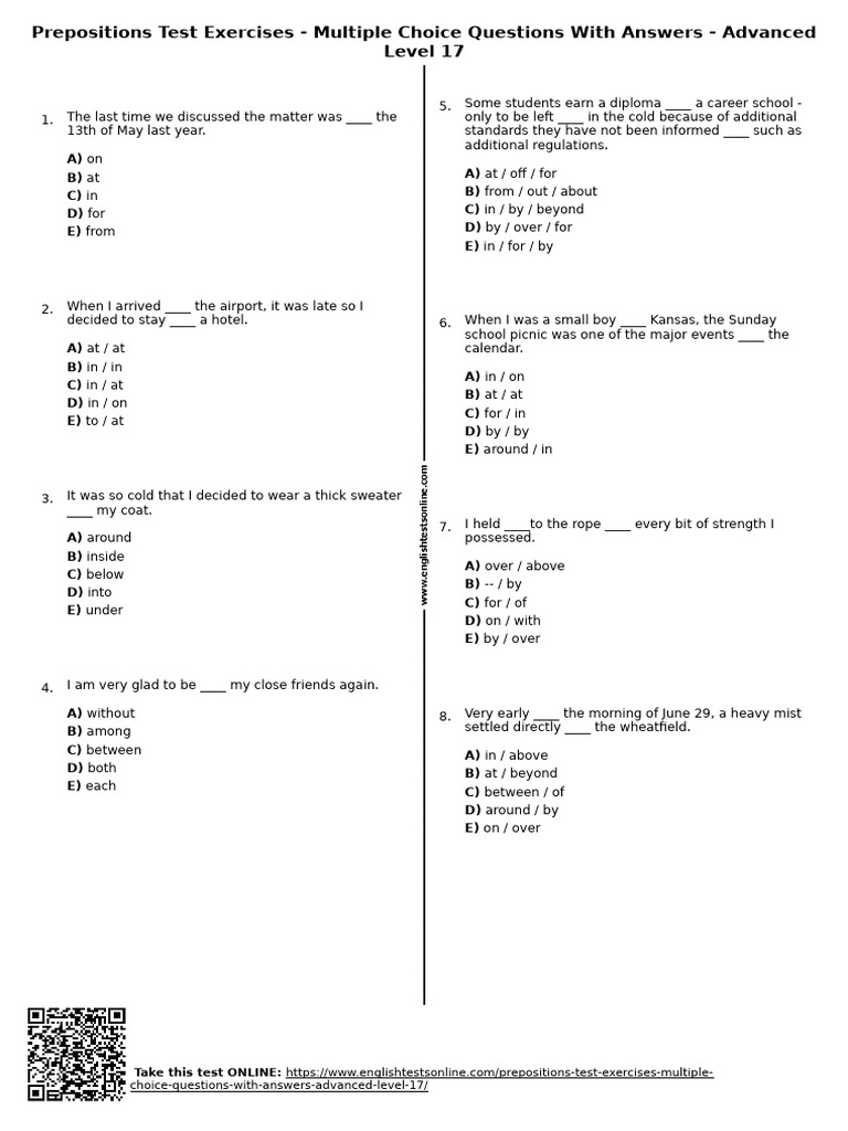 Advanced Prepositions Test with Answers | PDF