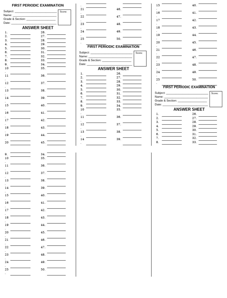 Q1_Answer Sheet | PDF | Student Assessment And Evaluation | Educational Stages